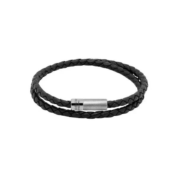 Tateossian Silver / Black Pop Rigato Double Wrap Leather Bracelet In Black - Silver/black