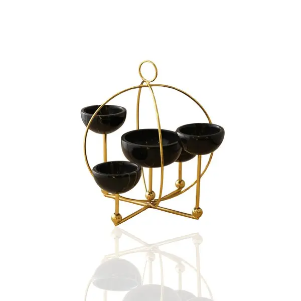 MARLETH Gold / Black Set Of Five Black Marble Bowls With Gold Planet Stand