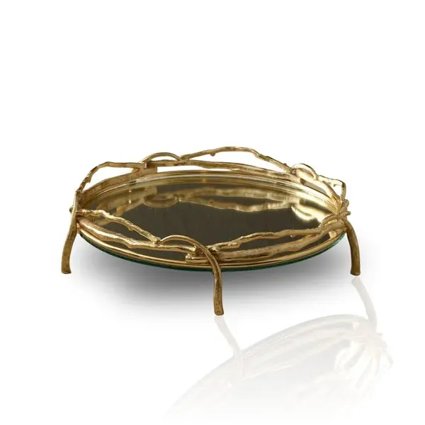 MARLETH Round Brass Branch Tray With Mirror Base
