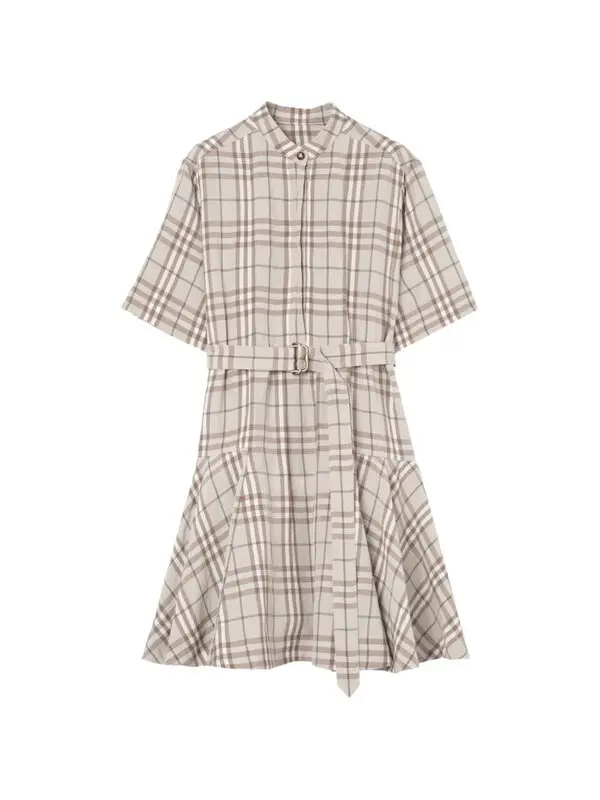 Burberry Checked Linen Blend Short Dress With Belt