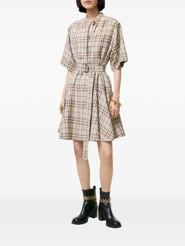 Burberry Checked Linen Blend Short Dress With Belt