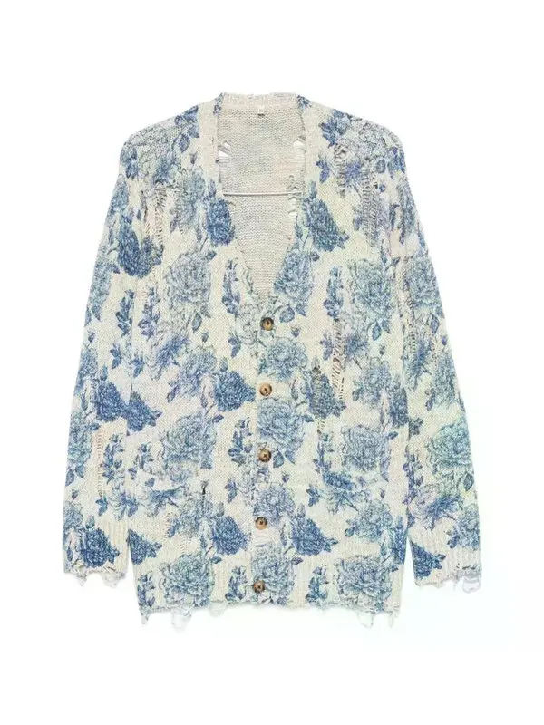 R13 Floral-print Distressed Cardigan - Neutrals