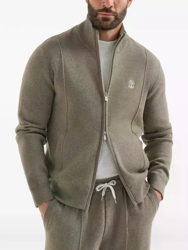 Brunello Cucinelli Cashmere Double Knit Zipper Cardigan With Logo - Green