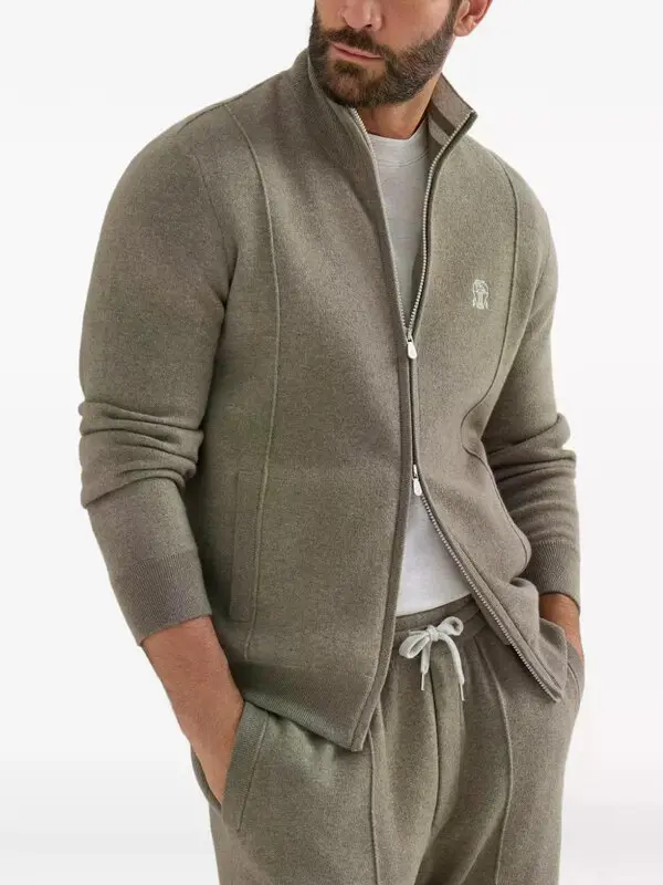 Brunello Cucinelli Cashmere Double Knit Zipper Cardigan With Logo - Green