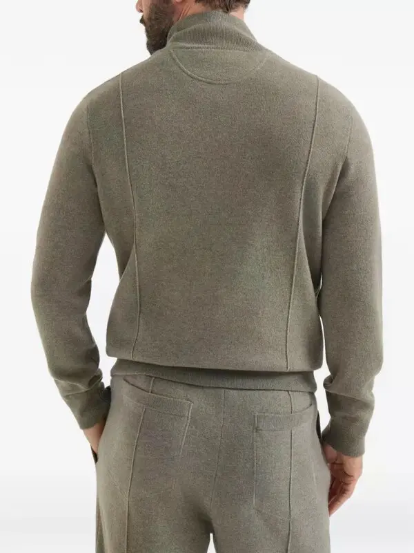Brunello Cucinelli Cashmere Double Knit Zipper Cardigan With Logo - Green