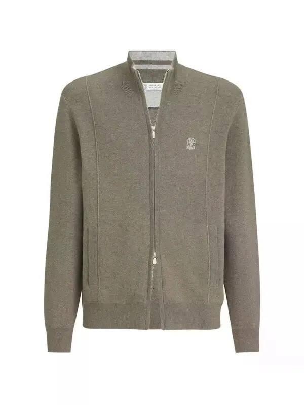 Brunello Cucinelli Cashmere Double Knit Zipper Cardigan With Logo - Green
