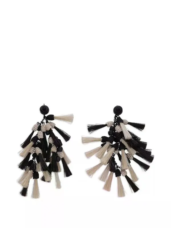 Vintage Tasseled Drop Earrings With Crochet Accents - Black