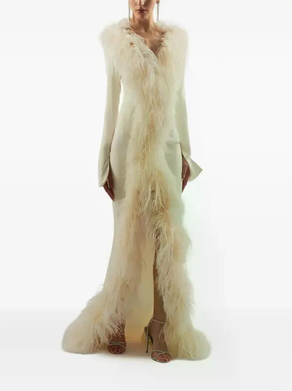 TALLER MARMO Feather-trim Hollywood Maxi Gown - Neutrals