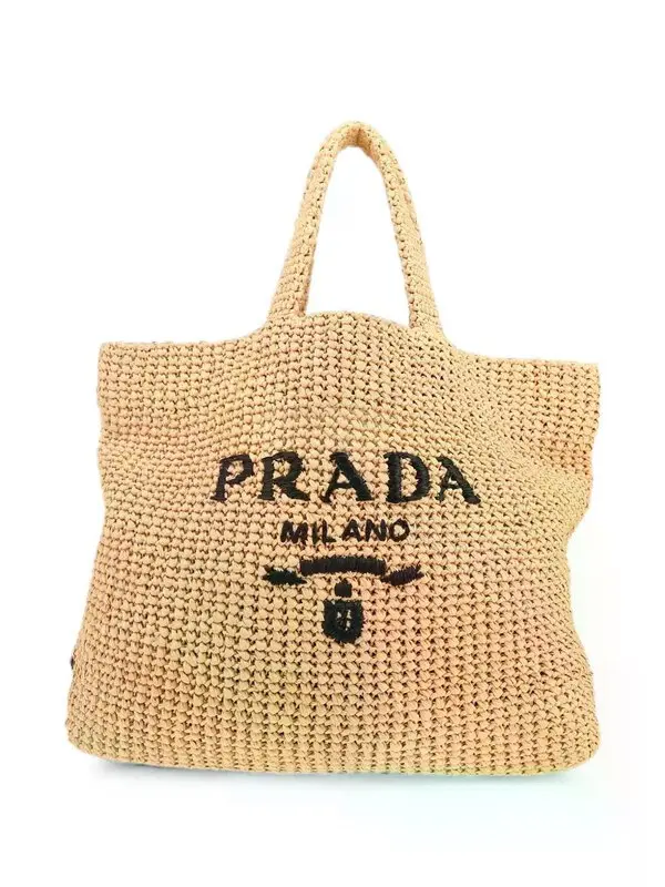 Prada Raffia Tote Bag With Embroidered Logo - Neutrals