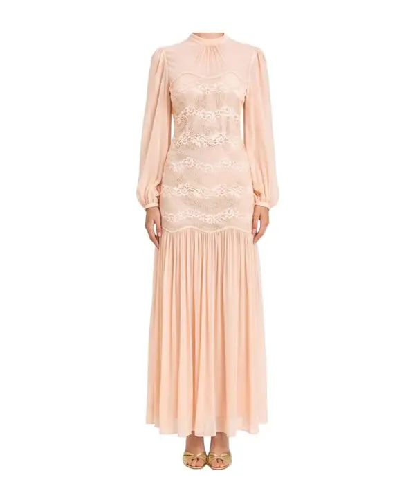 TWINSET Lace Maxi Dress With Long Sleeves And Pleated Skirt