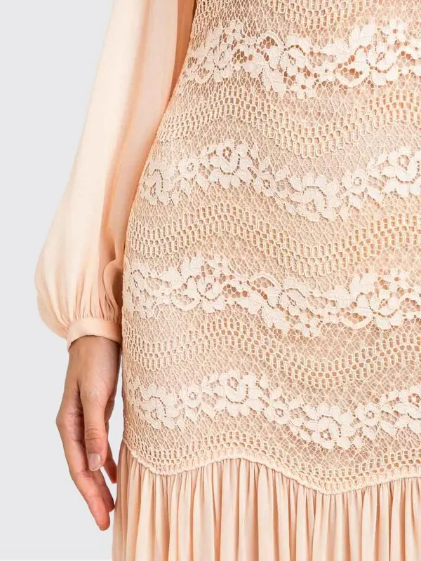 TWINSET Lace Maxi Dress With Long Sleeves And Pleated Skirt
