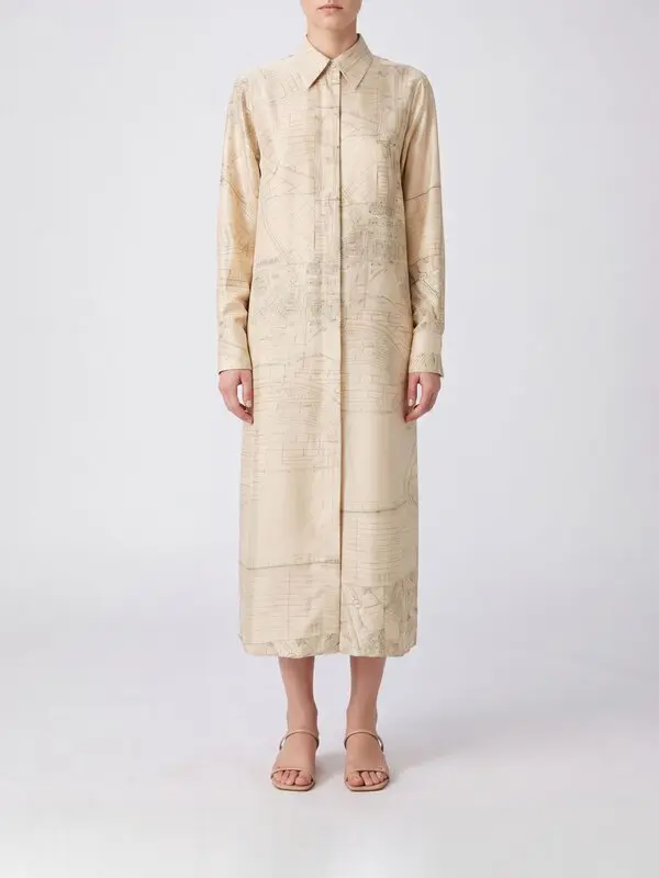 RÓHE Graphic Print Long Sleeve Silk Midi Shirt Dress