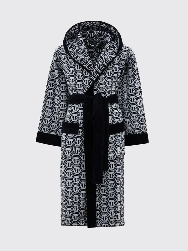 Philipp Plein Hooded Hexagon Monogram Cotton Terry Bathrobe - Black