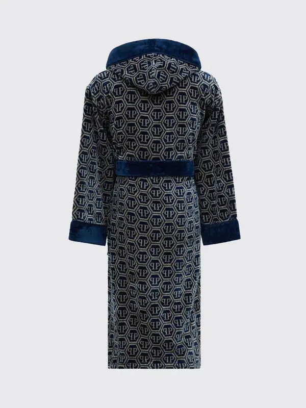 Philipp Plein Hooded Hexagon Monogram Cotton Terry Bathrobe - Blue