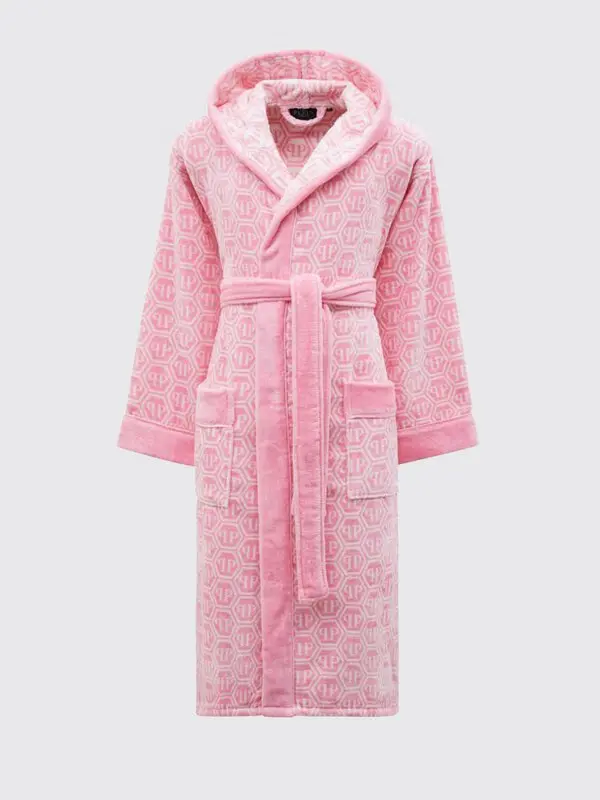 Philipp Plein Hooded Hexagon Monogram Cotton Terry Bathrobe - Pink