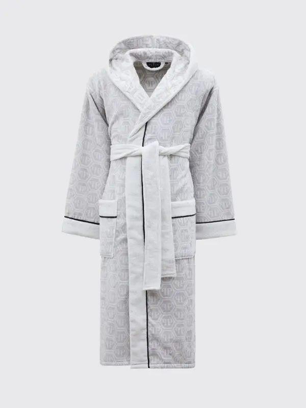 Philipp Plein Hooded Hexagon Monogram Cotton Terry Bathrobe - White