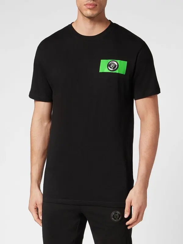 PLEIN SPORT Short-sleeved Cotton T-shirt With Contrasting Logo - Black