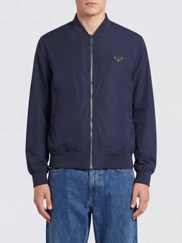 Philipp Plein Lightweight Nylon Bomber Jacket With Iconic Collar And Logo - Blue