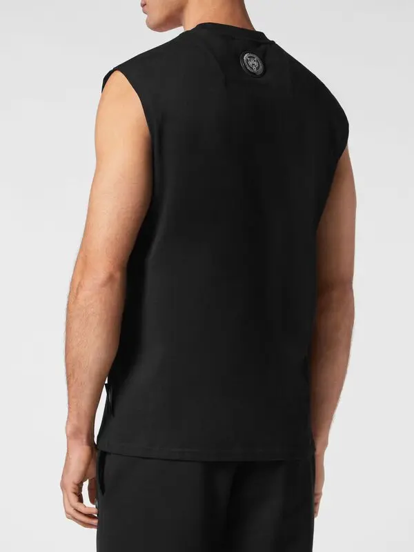 PLEIN SPORT Cotton Crew Neck Tank Top With Contrast Laminated Logo