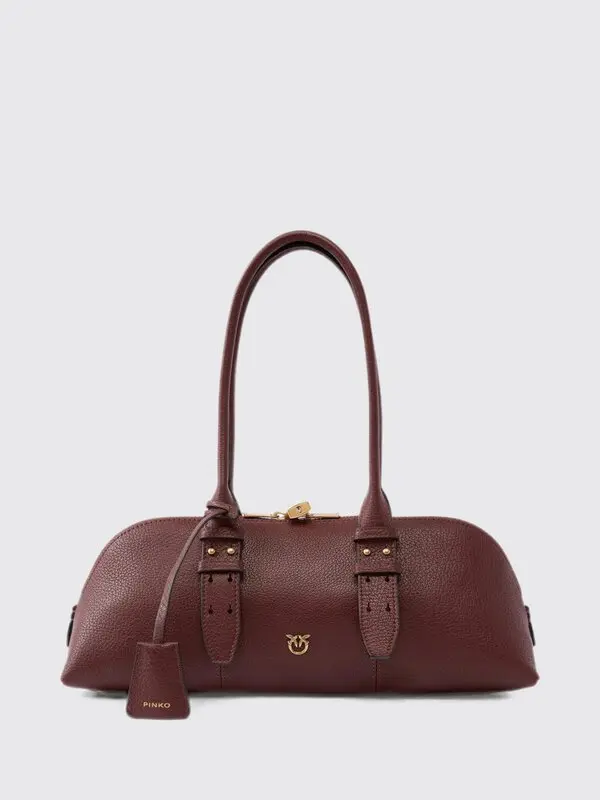 Pinko Escape Horizontal Sheepskin Leather Shoulder Bag With Love Birds Logo - Brown