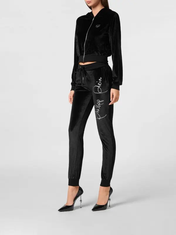 Philipp Plein Cropped Velvet Zip-up Hoodie With Rhinestone Logo
