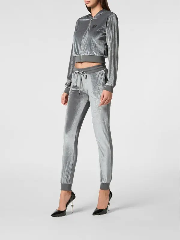 Philipp Plein Cropped Velvet Zip-up Hoodie With Rhinestone Logo - Grey
