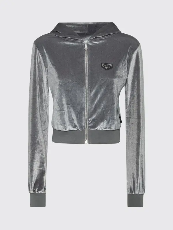 Philipp Plein Cropped Velvet Zip-up Hoodie With Rhinestone Logo - Grey