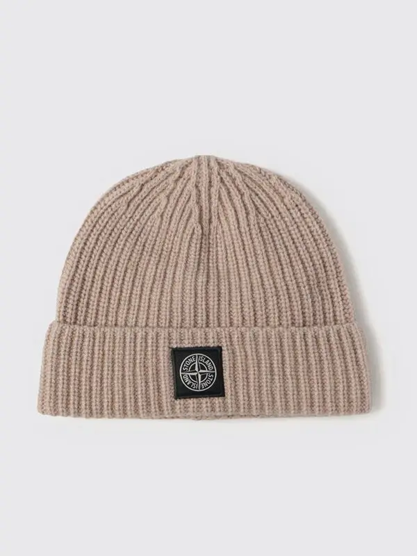 Stone Island Ribbed Virgin Wool Beanie Hat With Compass Logo - Beige