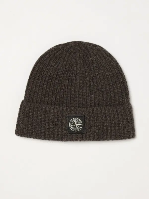 Stone Island Ribbed Virgin Wool Beanie Hat With Compass Logo - Grey 1