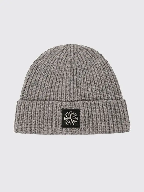 Stone Island Ribbed Virgin Wool Beanie Hat With Compass Logo - Grey