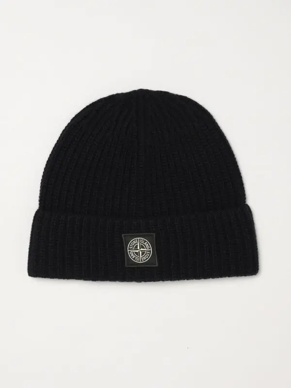 Stone Island Ribbed Virgin Wool Beanie Hat With Compass Logo - Navy