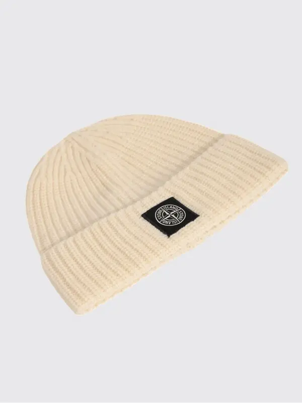 Stone Island Ribbed Virgin Wool Beanie Hat With Compass Logo - White