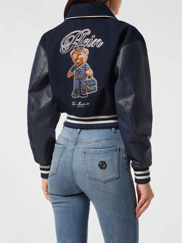 Philipp Plein Cropped Bomber Jacket With Logo And Teddy Bear Embroidery - Navy