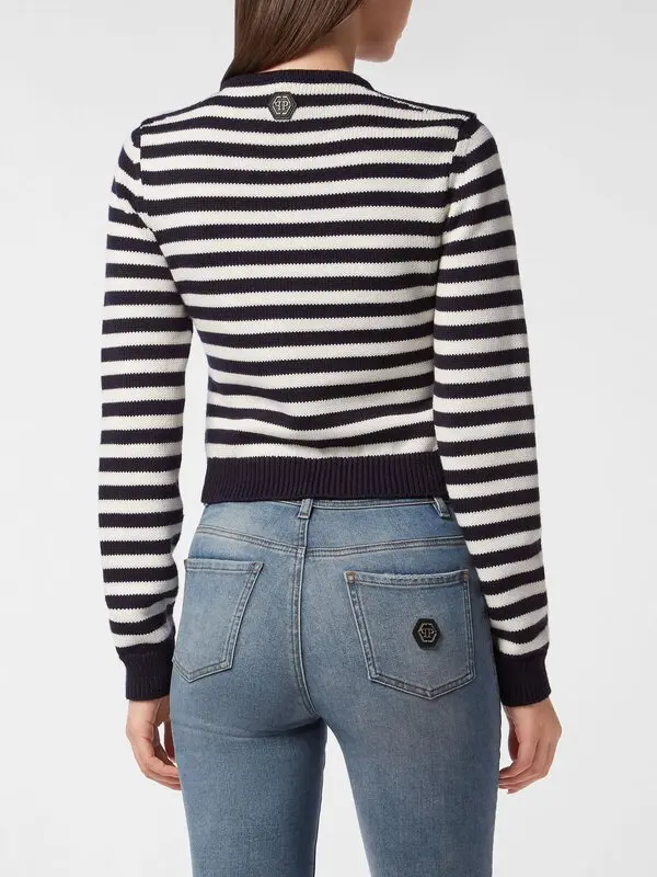 Philipp Plein Cropped Striped Wool Blend Jumper With Teddy Bear Print - Navy