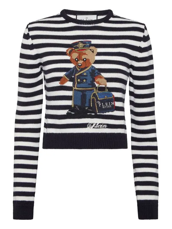 Philipp Plein Cropped Striped Wool Blend Jumper With Teddy Bear Print - Navy