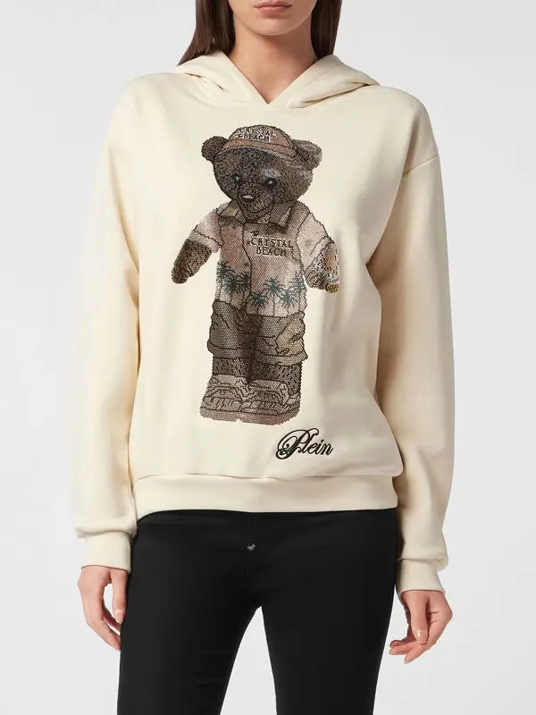 Philipp Plein Teddy Bear Print Cotton Hoodie With Rhinestone Embellishments