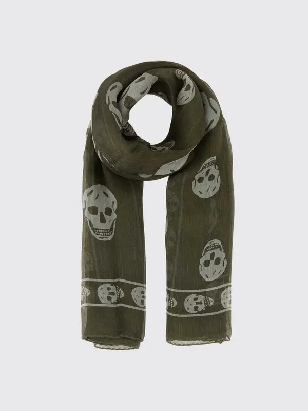 Alexander McQueen Alexander Pure Silk Scarf With Iconic Skull Print - Olive