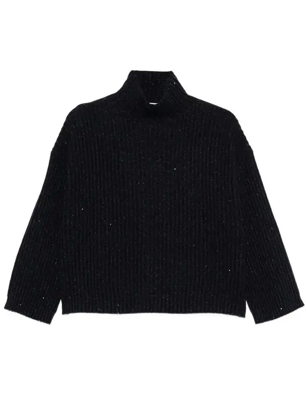 Brunello Cucinelli High Neck Ribbed Cashmere Sweater With Sequins