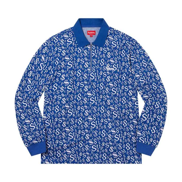 Supreme Currency Jacquard Zip Long-sleeve Polo - Blue