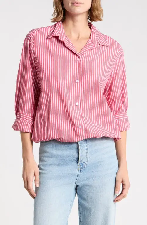 BEACHLUNCHLOUNGE Beach Lunch Lounge Marin Striped Cotton Crop Bubble Hem Shirt - Currant Red