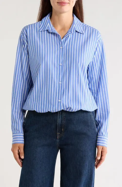 BEACHLUNCHLOUNGE Beach Lunch Lounge Marin Striped Cotton Crop Bubble Hem Shirt - Rustic Blueberry