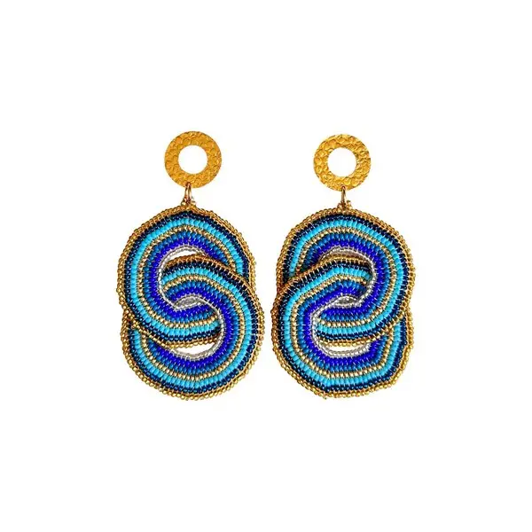 ILIANA ARRAZOLA Blue / Silver / Gold Crisscrossed Circle, Dangle Earrings, Blue And Gold, Glass Beads, Beaded Jewelry
