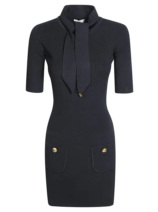 Elisabetta Franchi Ribbed Knit Gown With Tie Neck And Buttoned Pockets