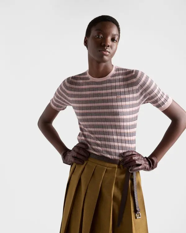 Prada Short-sleeved Striped Cashmere And Silk Sweater
