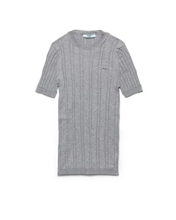 Prada Short-sleeved Ribbed Knit Cotton Sweater - Grey