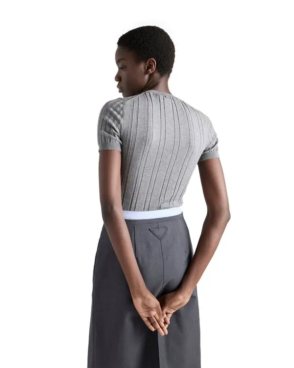 Prada Short-sleeved Ribbed Knit Cotton Sweater