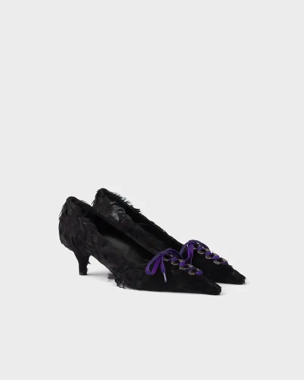 Prada Feather-embellished Satin Pumps - Black