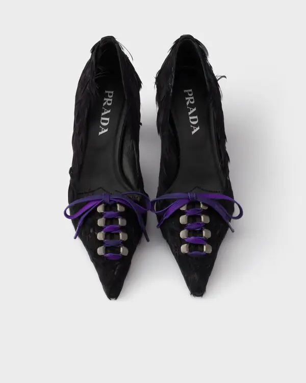 Prada Feather-embellished Satin Pumps - Black