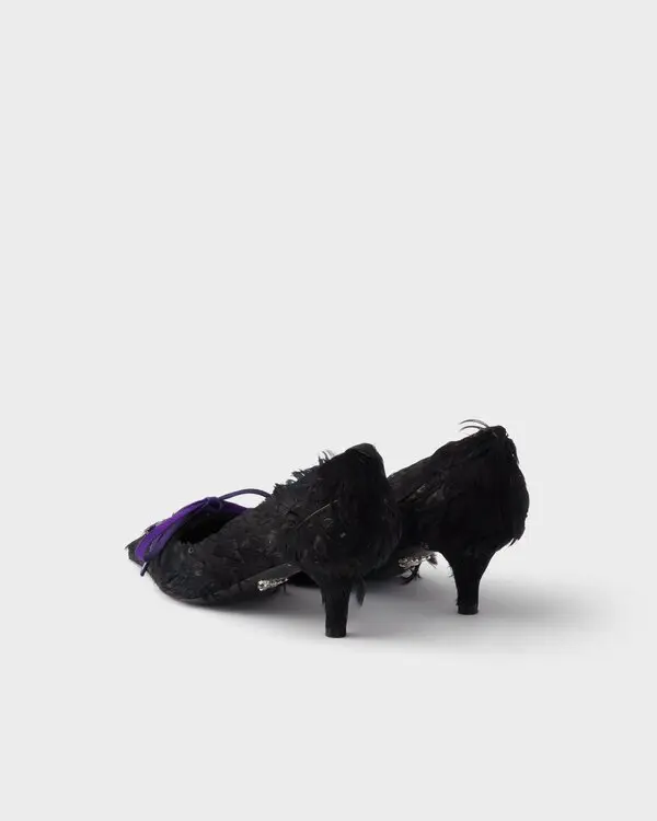 Prada Feather-embellished Satin Pumps - Black