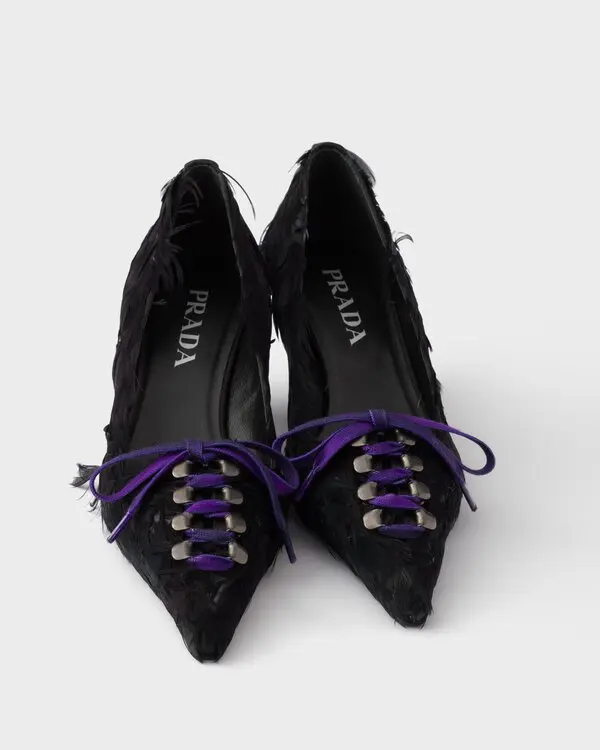 Prada Feather-embellished Satin Pumps - Black